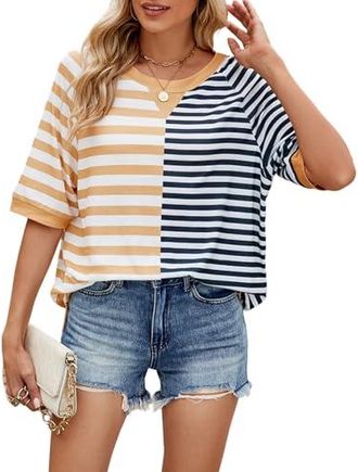 Generic T-shirt ray&eacute; pour femme - Col rond | T-shirt d&eacute;t&eacute; ample tendance basique - &Agrave; porter au quotidien, jaune, XXL