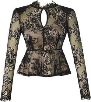 Generic T-shirt r&eacute;tro temp&eacute;rament noir crochet floral creux d&eacute;coupe volants tops f&ecirc;te bureau femme chemise, Noir, S