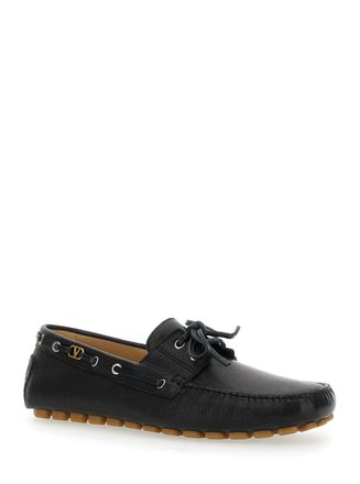 Valentino Garavani Mens Black Loafers With Vlogo Plaque Buffalo Leather