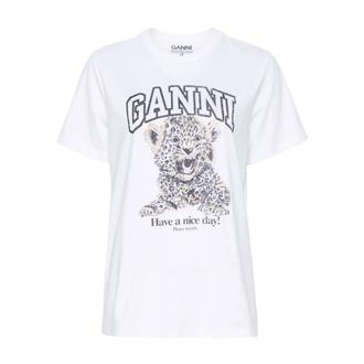 Ganni Basic Jersey Leopard Relaxed T-Shirt - - Tops - Damen - Wei&szlig; - S