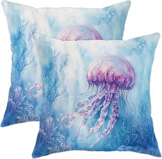 Generic Kissenbezug mit Ozeanquallen-Motiv, blau-violett, Ozean-Kreaturen unter Wasser, dekorativ, quadratisch, Küstendekoration, für Zuhause, Sofa, Bett, 50 