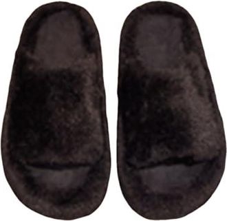 Generic Pantoufles en peluche &agrave; bout ouvert pour femme, semelle souple &agrave; bout ouvert, semelle plate pelucheuse, chaussures dint&eacute;rieur chaudes, l&eacute;g&egrave;res, tendan