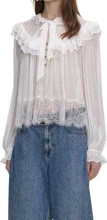 Self Portrait Femme, Blouses et Chemises, Blanc, Taille: 38 FR Chemisier en georgette et dentelle
