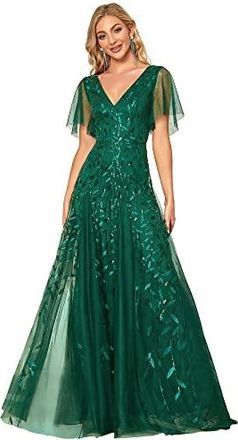 Ever-pretty Robe de Soirée Femme Longue Robe à Tulle PaillettesA Line Manches Courtes Évasées Col V Vert Foncé 36
