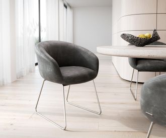 DELIFE Esszimmerstuhl Vinka-Flex mit Armlehnen Mikrofaser Anthrazit Vintage Kufengestell Edelstahl Taschenfederkern, Esszimmerstühle