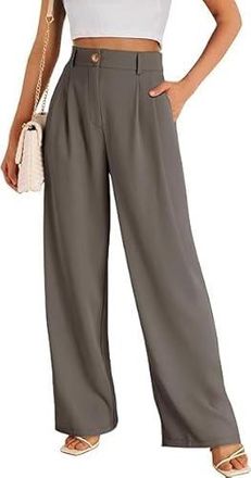 Generic Pantalon habillé à jambe large pour femme, pantalon décontracté taille haute, pantalon daffaires décontracté avec poches, gris foncé, L