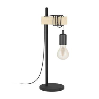 Eglo Tischlampe Townshend, Vintage Tischleuchte im Industrial Design, Retro Lampe, Nachttischlampe aus Stahl und Holz, Farbe Schwarz, braun, FSC Zertifizie