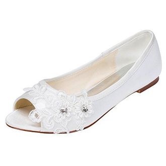 Emily Bridalwear Chaussures de mariée Talon Plat satiné Peep Toe avec Cristal Talon Cristal (EU37, White)