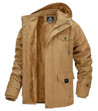 Magcomsen Herren Jacke Winterparka Gefüttert Winddichte Fleecejacken Cargo Abnehmbarer Kapuze Winter Verdickt Winterjacke mit Vielen Tasche Khaki 3XL