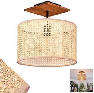 HOFSTEIN Deckenleuchte Barcos, Deckenlampe aus Metall/Holz/Rattan/Wienergeflecht/Stoff in Schwarz/Natur/Beige, runde Boho-Leuchte (Schirm &Oslash; 35cm), E27, Esszimm