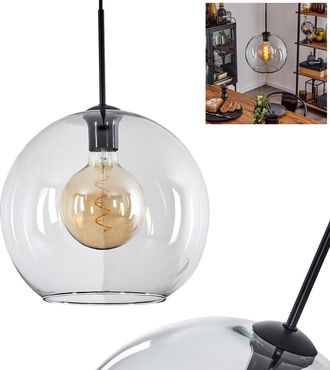 HOFSTEIN H&auml;ngeleuchte Koyoto, H&auml;ngelampe aus Metall/Glas in Schwarz/Klar, Leuchte 1-flammig im Vintage/Retro Design mit Schirm aus Glas (&Oslash; 30 cm), H&ouml;he max. 15
