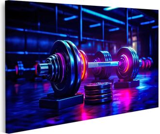 Islandburner Prime Bild auf Leinwand Reihe Hanteln im Fitnessstudio mit Neonlichtern Bilder Wandbilder Poster