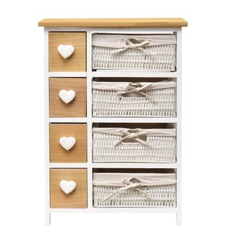 Mobili Rebecca Mehrzweckschrank aus Hoz Weidenk&ouml;rbe, Badkommode Vintage, mit 8 Schubladen, Wei&szlig;, Griff Herzform - Ma&szlig;e: 71 x 51 x P 30 cm (HxLxB) - Art. RE4356