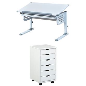 Inter Link SAS Bundle aus Inter Link - Höhenverstellbarer Schreibtisch - Kinderschreibtisch - Grau / Weiß - Skalare + Inter Link - Rollcontainer - 6 Schubladen- Mass