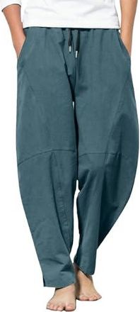 Generic Pantalon chino en lin &agrave; jambe large pour homme noir avec cordon de serrage - Coupe ajust&eacute;e - Pantalon cargo en lin et coton - Pantalon chino d&eacute;contrac