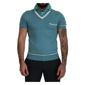 Dolce & Gabbana Blaues Seiden-Polo-Top mit V-Ausschnitt - - Tops - Herren - Blau - M