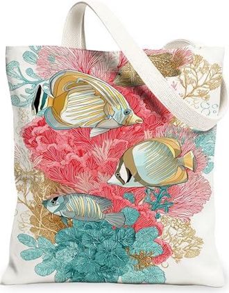 Generic Sacs fourre-tout en toile motif poisson artistique, sacs d&eacute;picerie r&eacute;utilisables, l&eacute;gers et lavables avec bandouli&egrave;re en toile pour, blanc, 13x15 Inch