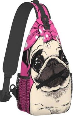 Generic Casual Sacoche Homme Bandouliere Chien carlin Roses mignon de dessin anim&eacute; Sling Bag R&eacute;glable Sac &agrave; Dos De Voyage pour Randonn&eacute;e Homme Voyage