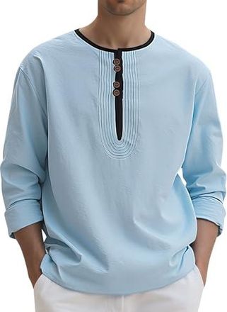 Generic Chemise en lin &agrave; manches longues pour homme - Chemise de plage en coton - Coupe ajust&eacute;e - Chemise d&eacute;t&eacute; l&eacute;g&egrave;re - Col rond - T-shirt d&eacute;contract&eacute; pour la