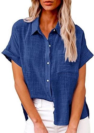 Generic Chemises d&eacute;t&eacute; boutonn&eacute;es en lin pour femme - Solide 2025 - D&eacute;contract&eacute;e et tendance - Col &agrave; revers - Chemisiers en gaze &agrave; manches roul&eacute;es - Hauts de p