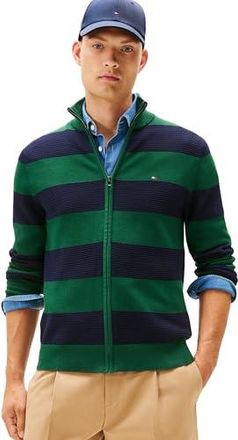 Tommy Hilfiger Pull avec Fermeture &Eacute;clair Homme Cotton Zip Through avec Col Montant, Multicolore (Ornamental Green/Desert Sky), XL