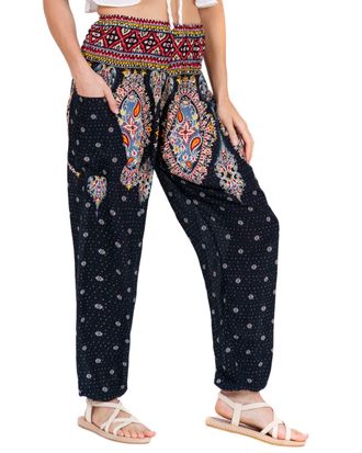 Lofbaz Damen Haremshose Yogahose Pumphose Hippie Hose Boho Kleidung Festival Outfit Sommerhose Leicht Sommer Hosen - Floral 3 Schwarz XXL Große Größen