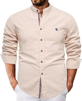 Generic Chemise formelle pour homme &agrave; manches longues en coton et lin Henley pour printemps et automne - Chemise d&eacute;contract&eacute;e &agrave; boutons - Couleur unie - Coupe