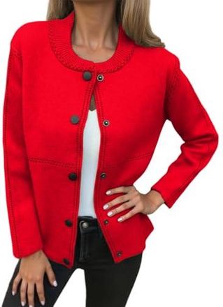 Generico Cardigan en tricot doux et confortable pour femme Cardigan à rayures oversize léger avec boutons à manches longues, rouge, 3XL