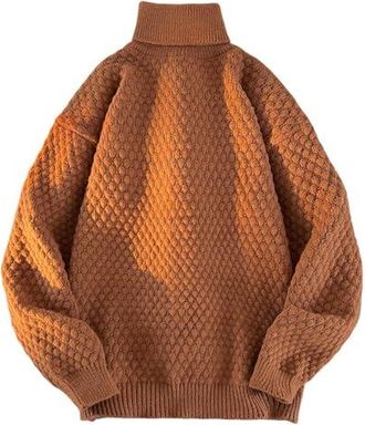 Generic Pull en tricot torsadé pour homme - Pull à col roulé coupe ajustée pull en tricot chaud couleur unie col roulé pull décontracté dhiver, café, XXL