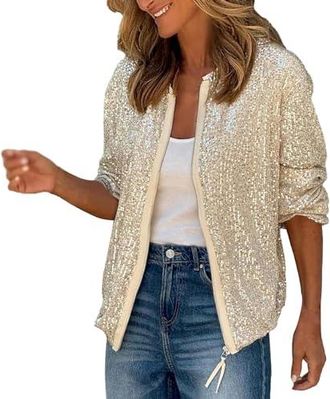 Generic Bomber Brillantes Femmes Style Retro À Manches Longues À Sequins Cardigan Gilet Top À Brillantes Clubwear Costume De Club Mariage Performance Paillett
