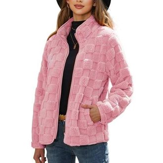 Generic Veste polaire Sherpa pour femme, chaude à manches longues, col montant, fermeture éclair intégrale, veste à carreaux douillette avec poches, rose, XXL