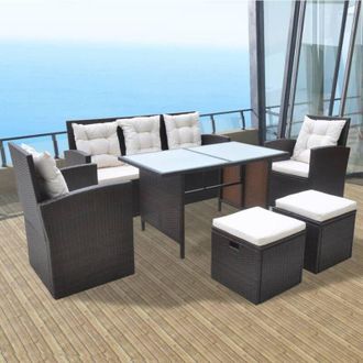 vidaXL Vidaxl - Meuble &agrave; d&icirc;ner de jardin 6pcs et coussins R&eacute;sine tress&eacute;e Marron
