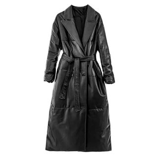 Generic Doudoune longue en cuir pour femme - Manteau en duvet de mouton &agrave; double boutonnage avec ceinture - Noir, Noir, L