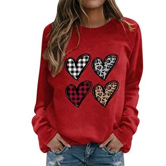 Generic 2026 Saint Valentin Femmes Sweat-shirt Col Rond Quatre Coeurs Imprim&eacute;s Manches Longues Casual Sweat-Tops, Rouge, XXL