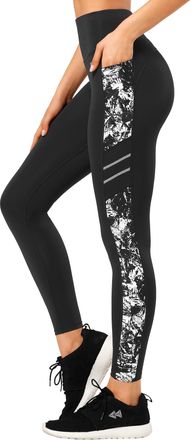 Yvette Sports Printed Damen Sport Leggings mit Taschen, high Waist Blickdicht Gym Sporthose, Wei&szlig; Printed, 5XL