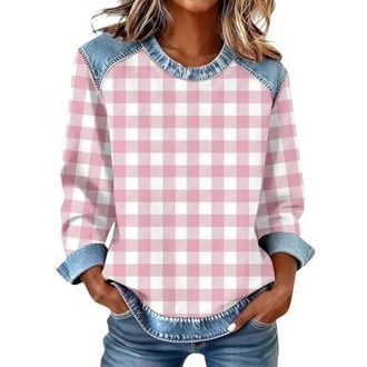 Generic Sweat-shirt en denim patchwork surdimensionn&eacute; &agrave; col rond pour femme - Pull confortable &agrave; manches longues - Chemises en jean tendance &agrave; carreaux - Haut