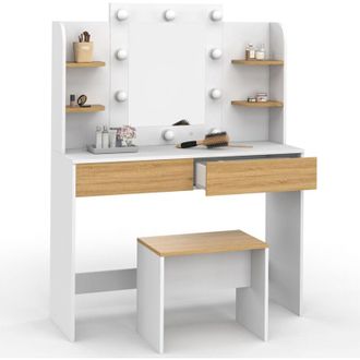 IDMarket Idmarket - Frisierkommode zelia wei&szlig; und Buche Schminktisch 4 Regale, LED-Spiegel und Hocker