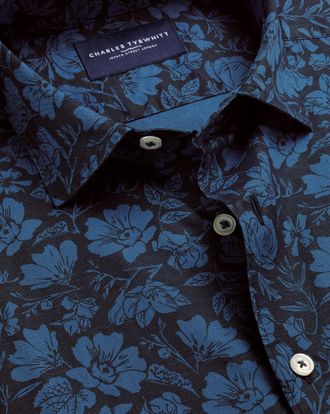 CHARLES TYRWHITT Kurz&auml;rmeliges Hemd aus Baumwoll-Leinen-Mix mit Blumenmuster - Marineblau