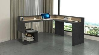 Dmora Schreibtisch Albert, Eckschreibtisch mit Ablagefächern und LED-Leuchten, Mehrzweck-Büroschreibtisch mit Platte, 180x92,5x160 cm, Schiefer