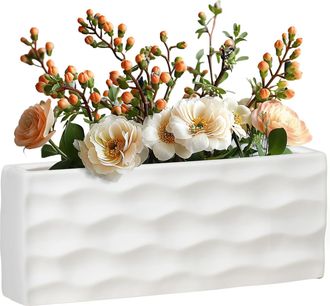 Torre & Tagus 30,5 cm breite, gewellte, Lange rechteckige Vase f&uuml;r Blumen, wei&szlig;e rechteckige Vase, Sukkulentenhalter und schmaler dekorativer Topf f&uuml;r schmale Regal