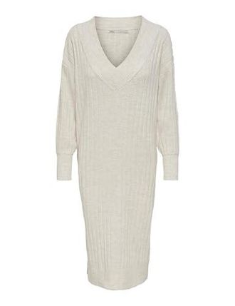 Only Robe en Tricot &agrave; Manches Longues pour Femmes, Coupe Oversize, mi-Longue, Pull &agrave; col en V - Nouvelle Tessa, Couleurs:Beige, Taille:XS