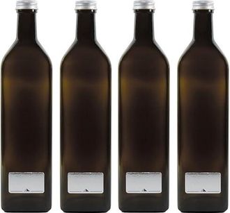 mikken Art 2x gr&uuml;n-braune Glasflasche 1000ml, &Ouml;lflasche inkl. 2 Beschriftungsetiketten (Packung mit 2)
