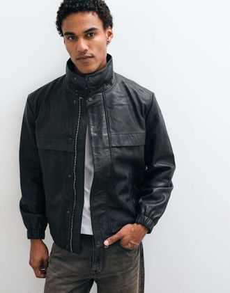 AllSaints Stenton Lederjacke mit Trichterkragen in Schwarz