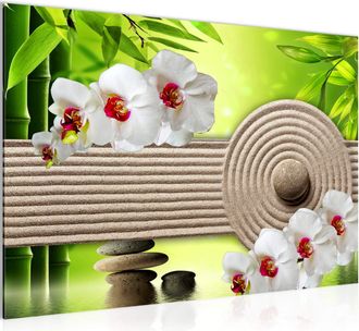 Runa Art Bild Feng Shui Orchidee Modern Wandbilder Wohnzimmer Schlafzimmer 1 Teilig - Made In Germany - Steine Spa Grün Beige Flur 501115b