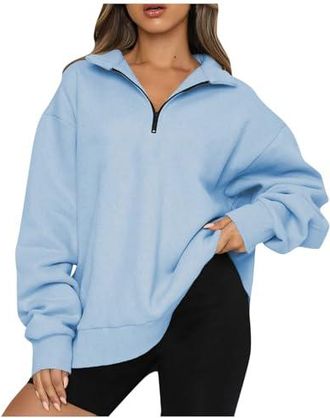 Generic Sweat-shirt surdimensionn&eacute; pour femme, sweat &agrave; capuche tendance pour lautomne, pull &agrave; manches longues avec demi-fermeture &eacute;clair, bleu clair, 3XL