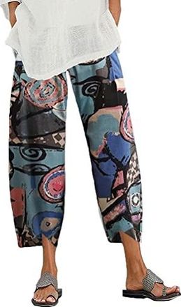 ORANDESIGNE Femmes Boho Harem Pantalon 7/8 Dété Pissenlit Motif Abstrait Taille Élastique Pantalon De Yoga Taille Haute Pantalon Large Lâche Pantalon en Lin Grand