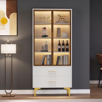 Generic Vitrine 70x35x150 cm Wei&szlig; Teeglas mit 2 Glast&uuml;ren, Goldf&uuml;&szlig;en, 2 Schubladen, LED-Beleuchtung, 3 verstellbaren Glasb&ouml;den, Hochschrank Standvitrine Samml