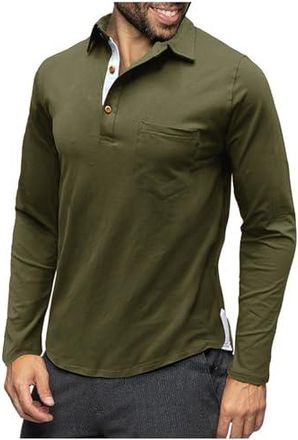 Generic Polo pour homme - Printemps - Col rond - Couleur unie - Manches longues - Poche - Haut bas, Vert arm&eacute;e., XXL