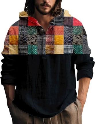 Generic Chemise en lin pour homme - Coton et lin - Couleur unie - Haut &agrave; capuche - Boutonni&egrave;re - Chemise &agrave; manches longues avec capuche - Chemise d&eacute;t&eacute; l&eacute;g&egrave;re 