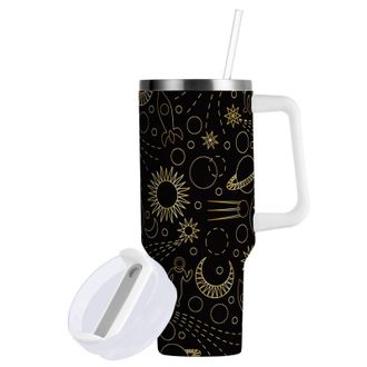 Mnsruu Trinkbecher mit Strohhalm und Deckel, Weltall, Mond, Mond, Stern, Reisebecher, Edelstahl, doppelwandig, vakuumisoliert, Wasserflasche f&uuml;r hei&szlig;e und ka
